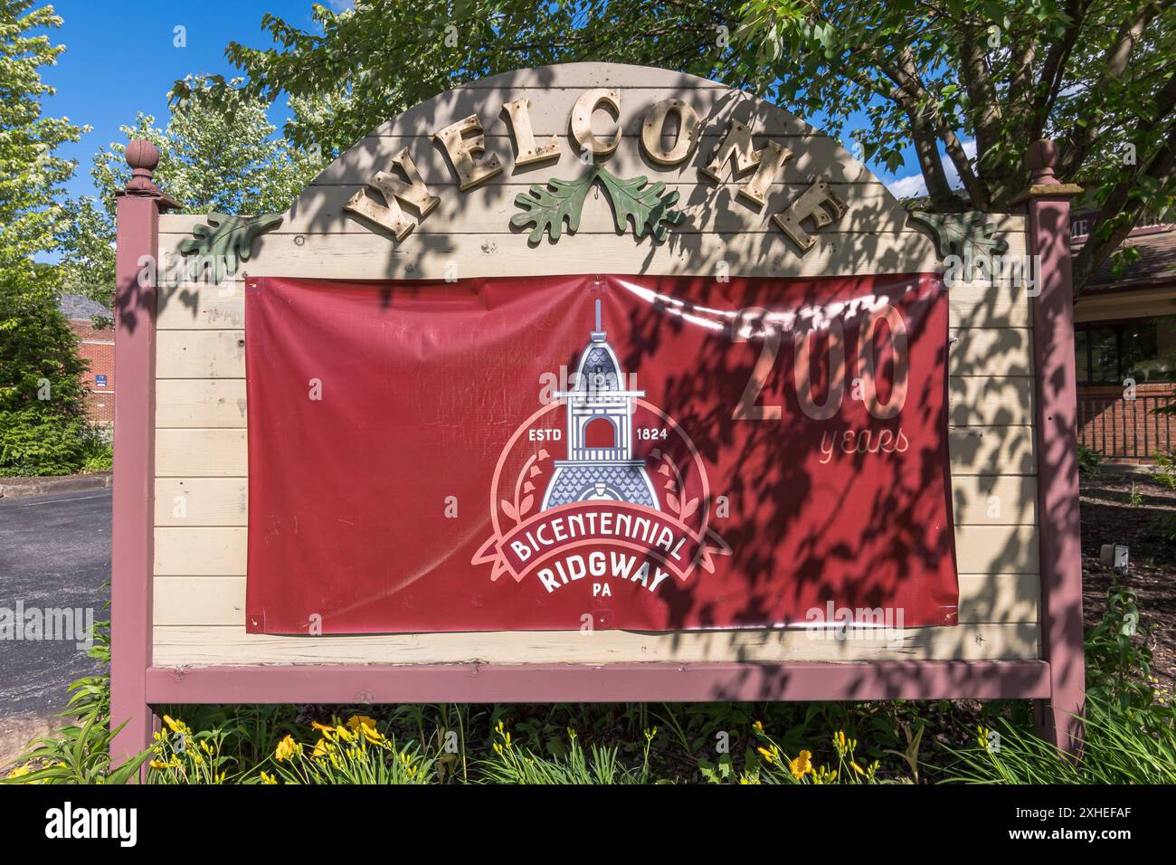 The Welcome bicentennial sign on Main Street in Ridgway, Pennsylvania ...