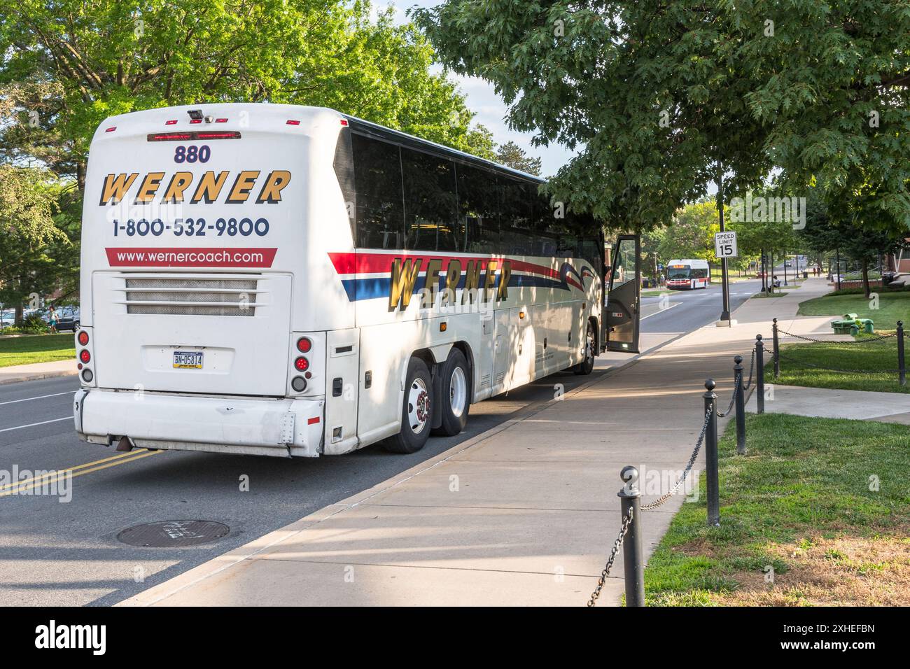 A coach bus parked on the Penn State University campus in State College ...