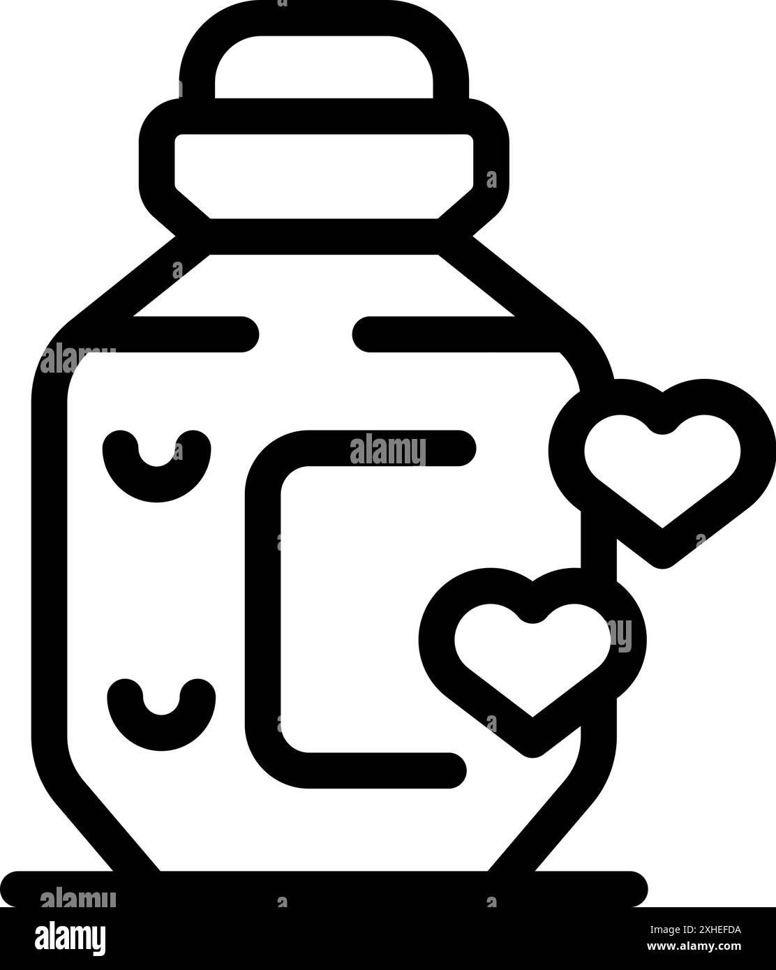 Line drawing of a bottle containing a love potion, decorated with two ...