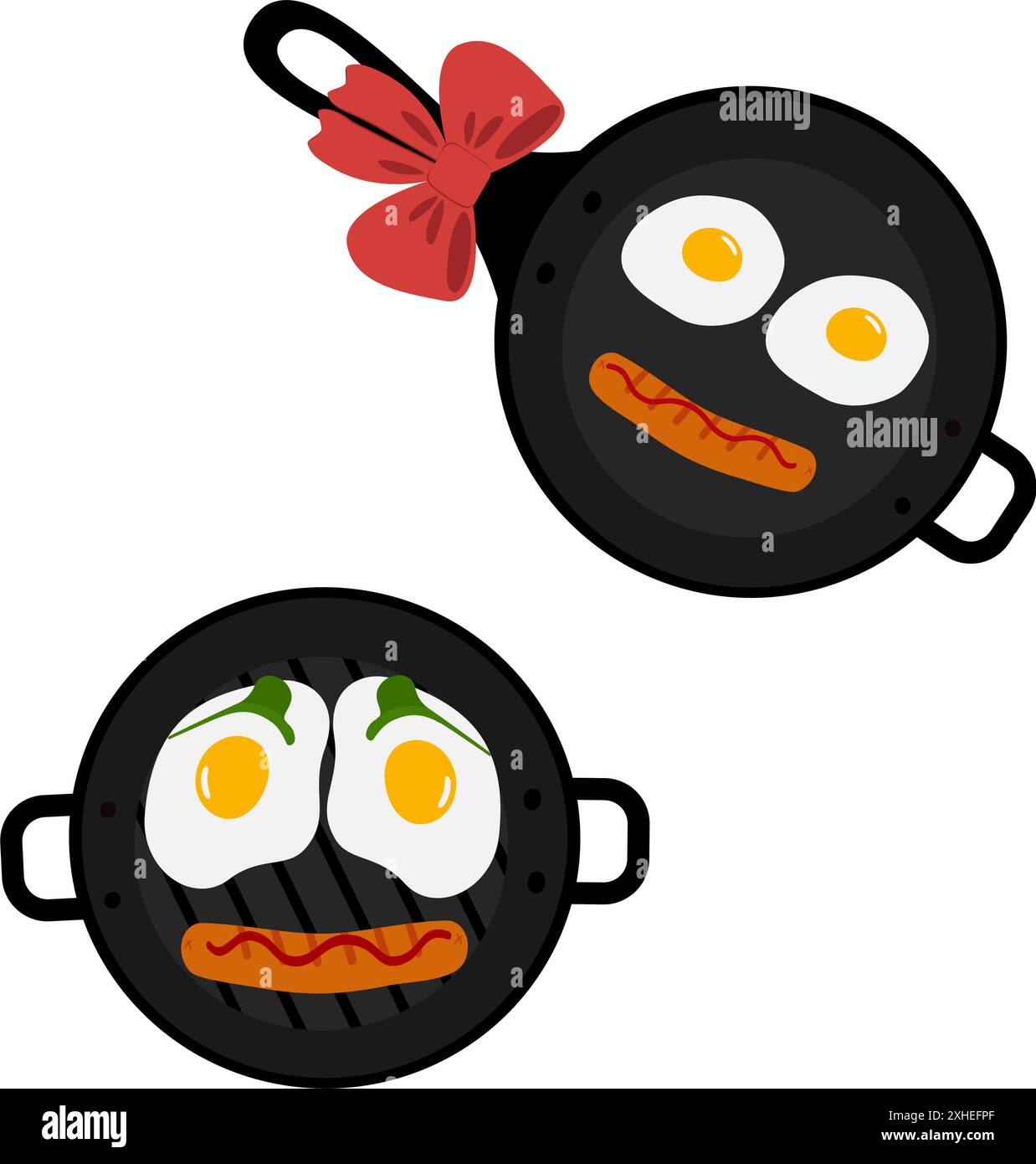 Grill and frying pan with bow Fried eggs sausage, strip of ketchup in ...