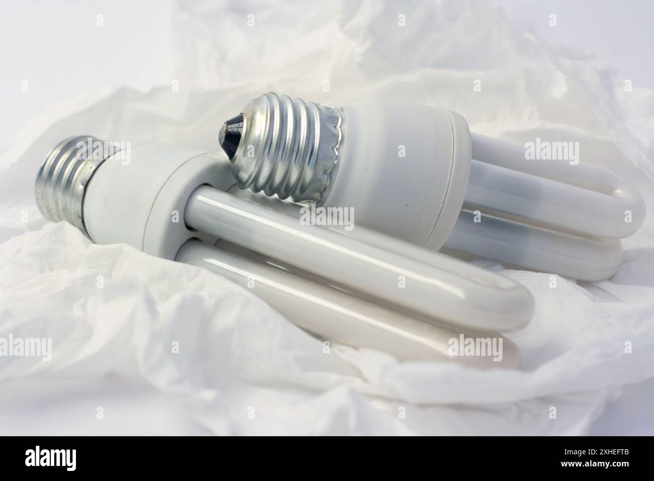 Two daylight-type fluorescent light bulbs on a white tissue drapery ...