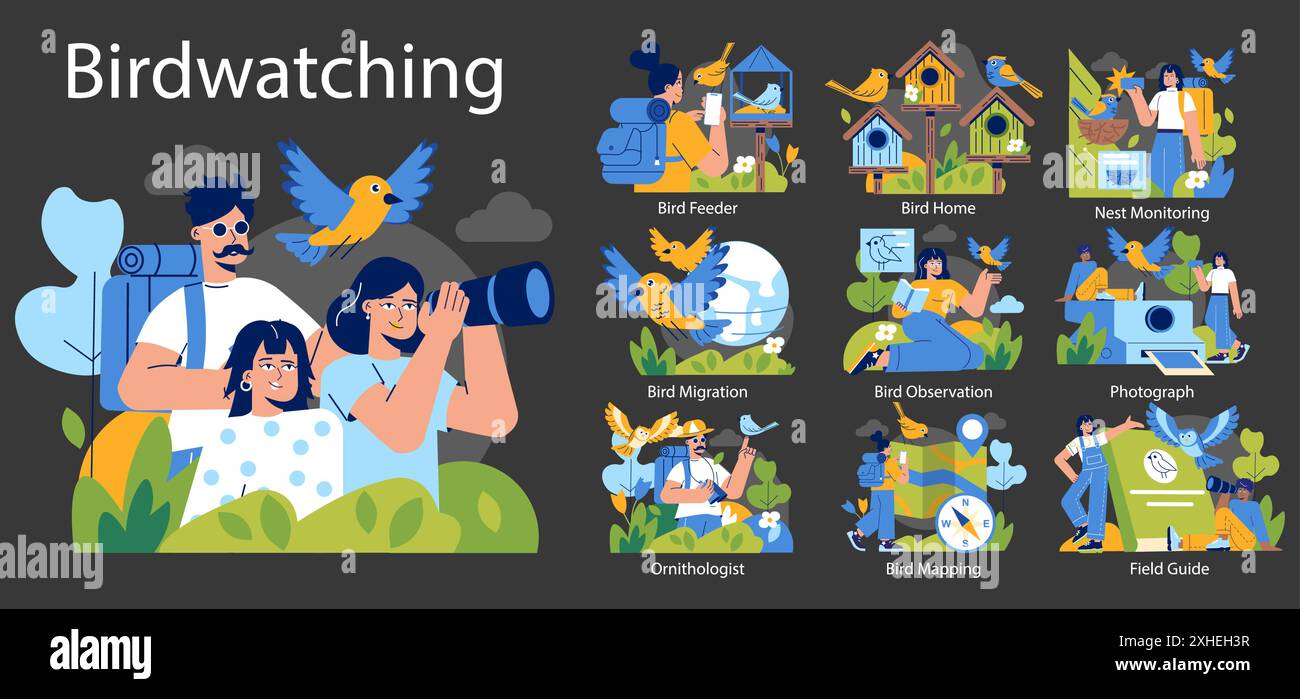 Birdwatching concept. Enthusiasts engage in various activities like ...