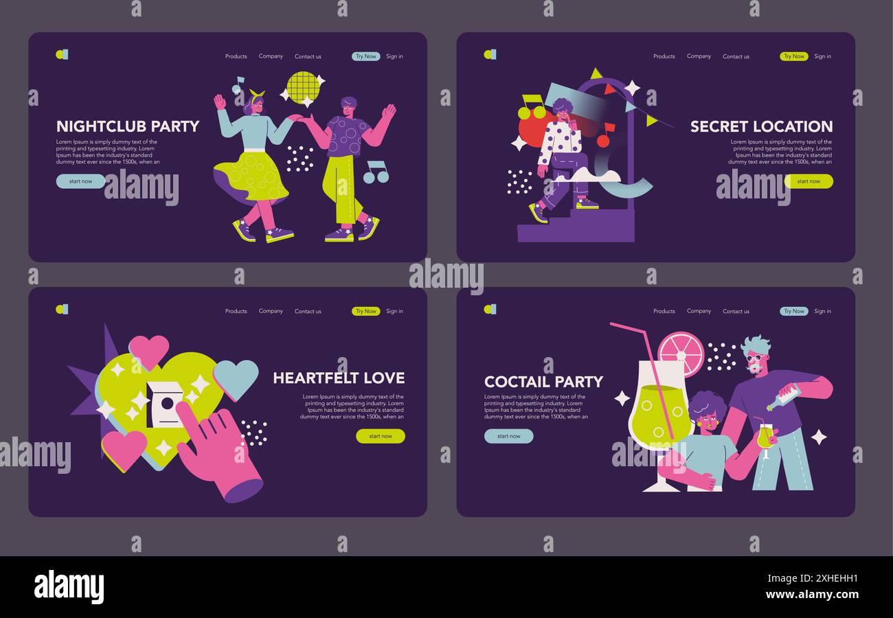 Party invitation set. Four vibrant scenes of diverse celebrations and ...