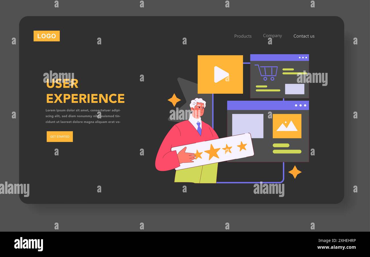 Customer Engagement concept. Illustration of a person holding a star rating showing satisfaction ...