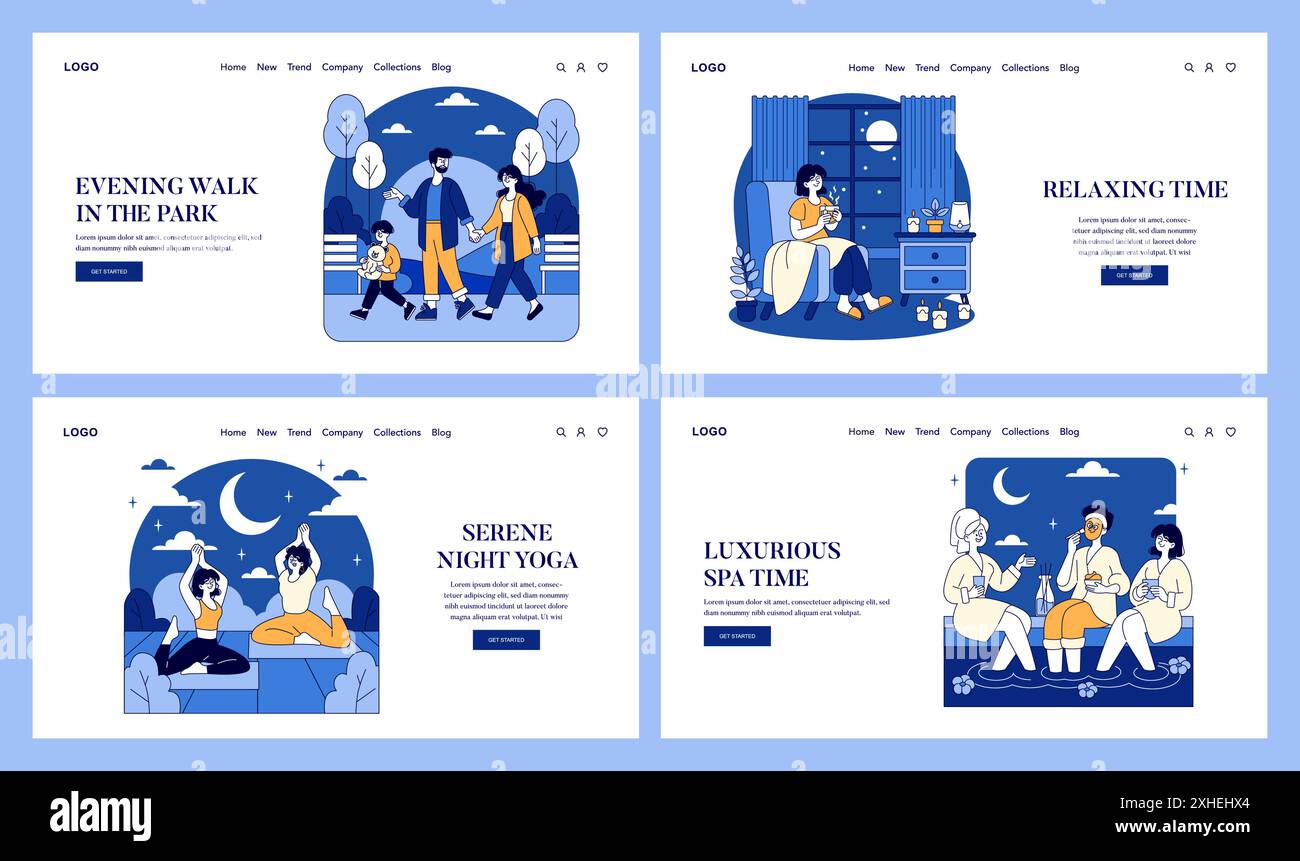 Nighttime activities set. Relaxing evening routines for mindfulness and ...