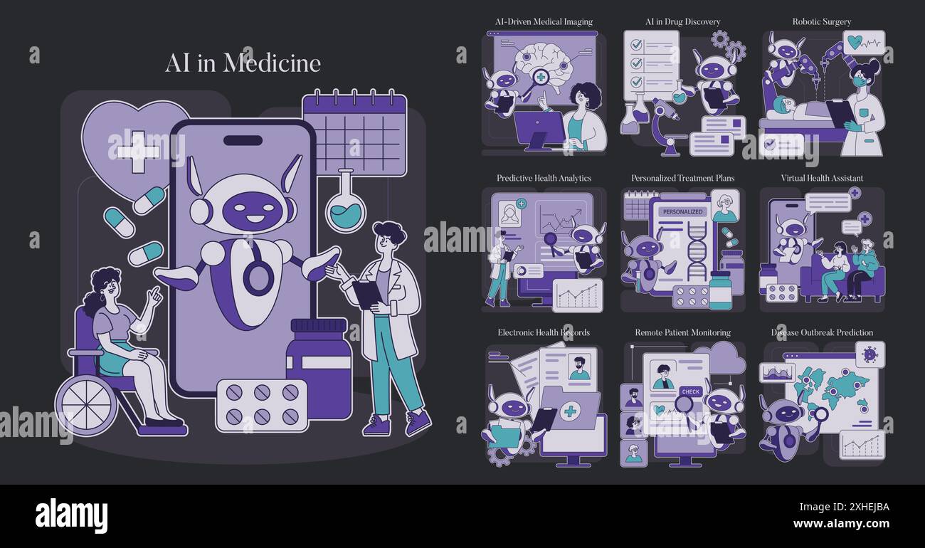AI in Medicine set. Advances in healthcare technology with AI ...