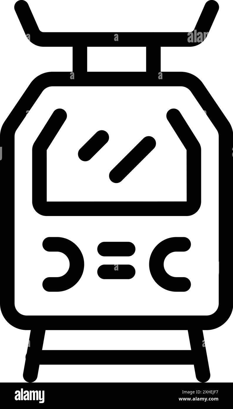 Simple black and white line art icon of a tram arriving at the station ...