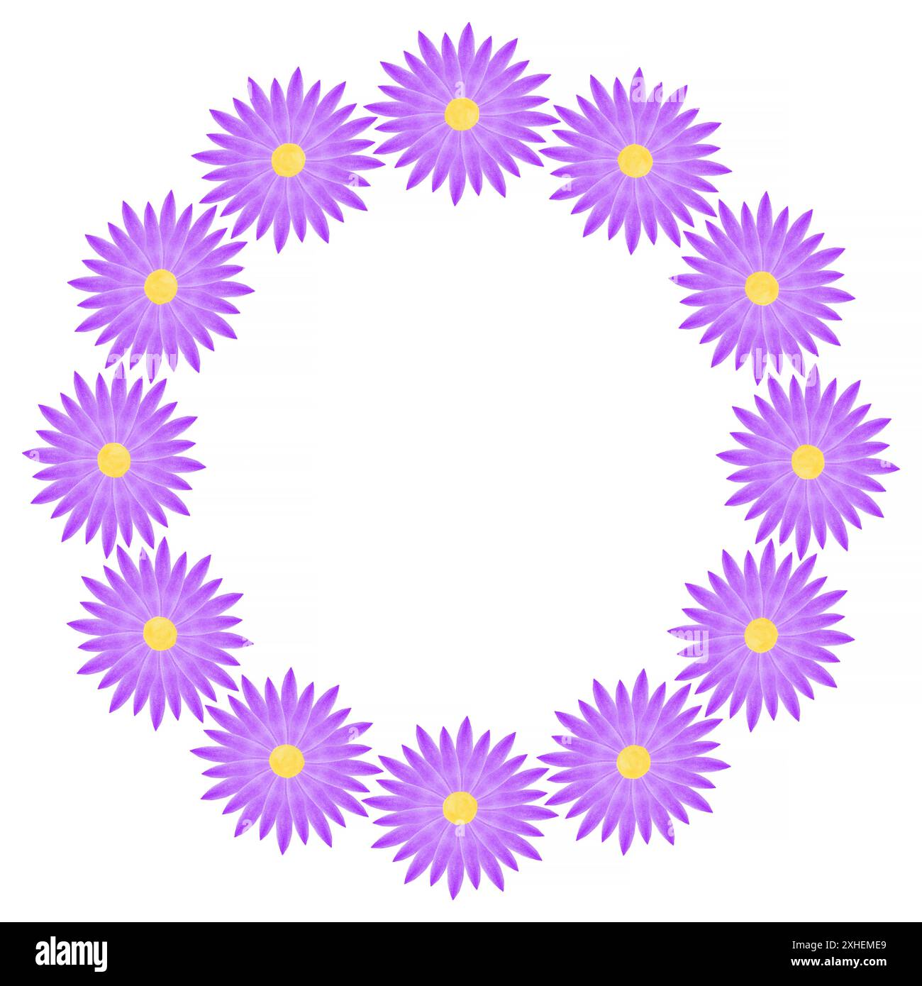 abstract round border made of violet with yellow flowers against white ...