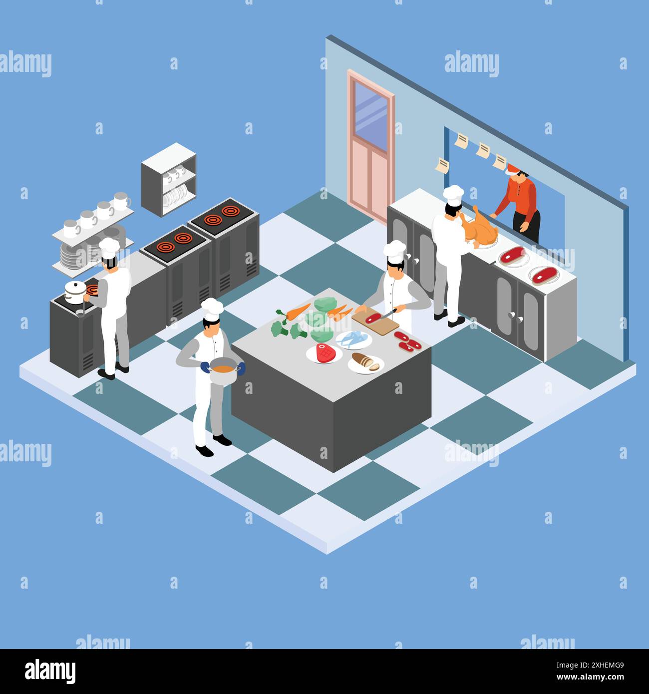 Commercial kitchen with chefs cooking 3d isometric Stock Vector Image ...
