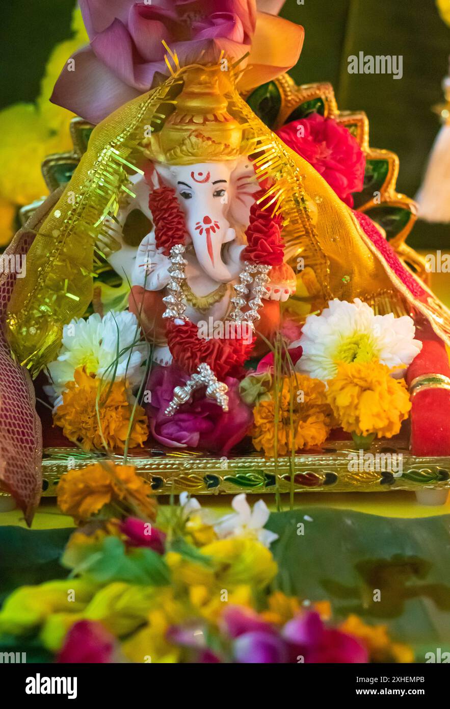 holy hindu god ganesha idol worship with holy offering and decoration ...