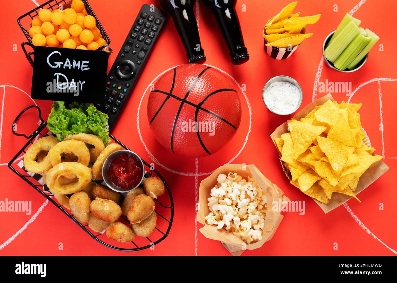 Game day. Basketball arena with snacks. Sports fans table with chips ...