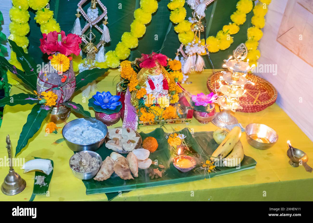 holy hindu god ganesha idol worship with holy offering and decoration ...
