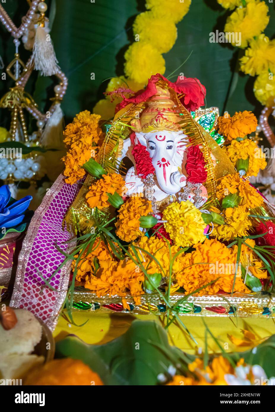 holy hindu god ganesha idol worship with holy offering and decoration ...