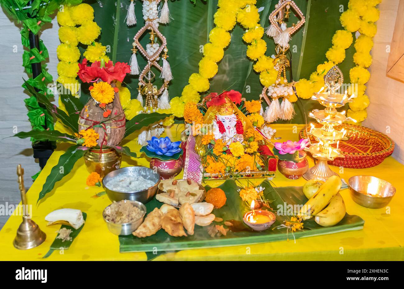 holy hindu god ganesha idol worship with holy offering and decoration ...