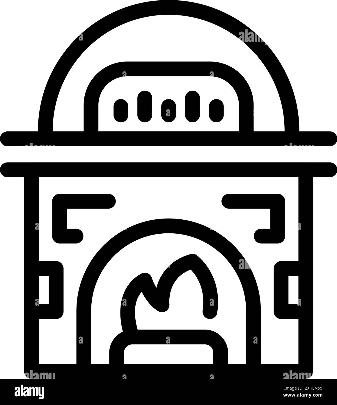 Classic brick fireplace with burning fire in simple line art style ...