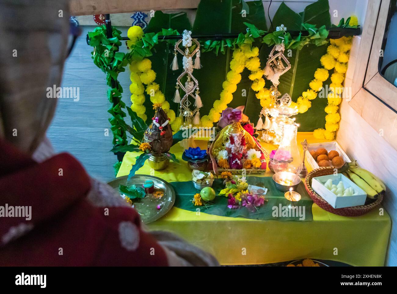 holy hindu god ganesha idol worship with holy offering and decoration ...