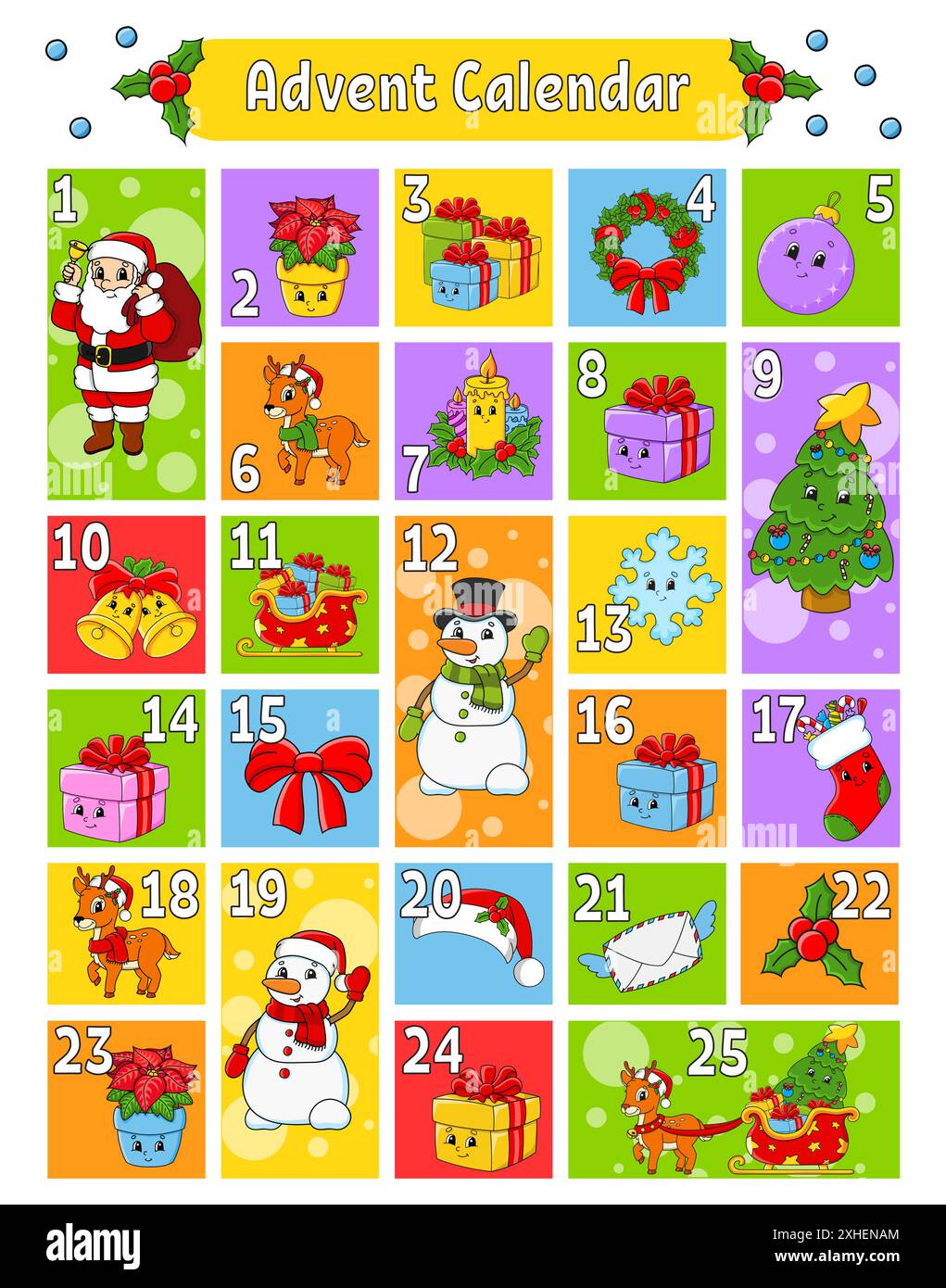 Christmas advent calendar with cute characters. Santa claus, deer ...