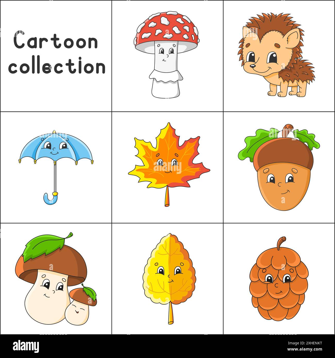 Set of stickers with cute cartoon characters. Autumn clipart. Hand ...