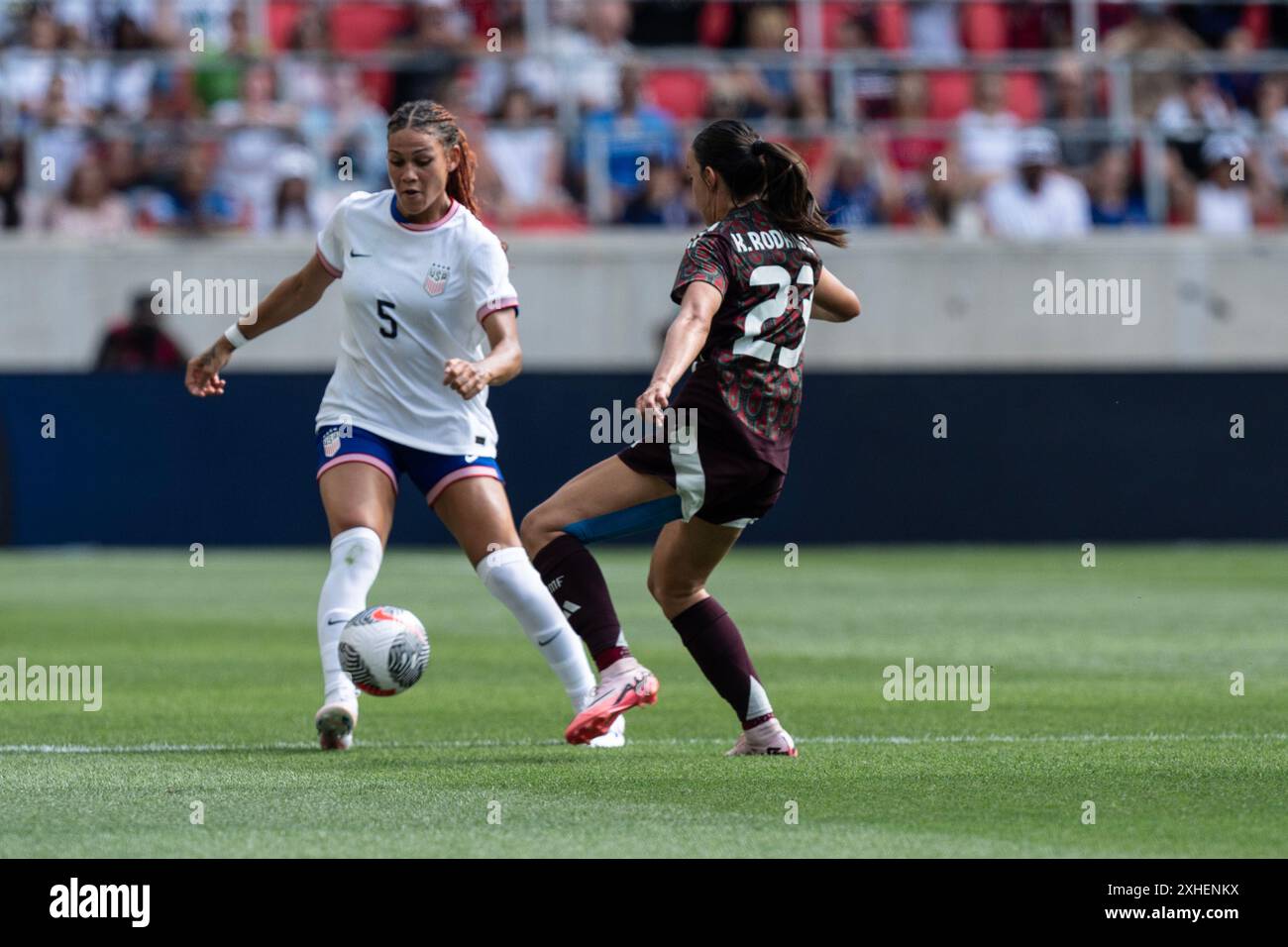 Trinity Rodman (5) of USWNT controls ball during pre-Olympic friendly ...