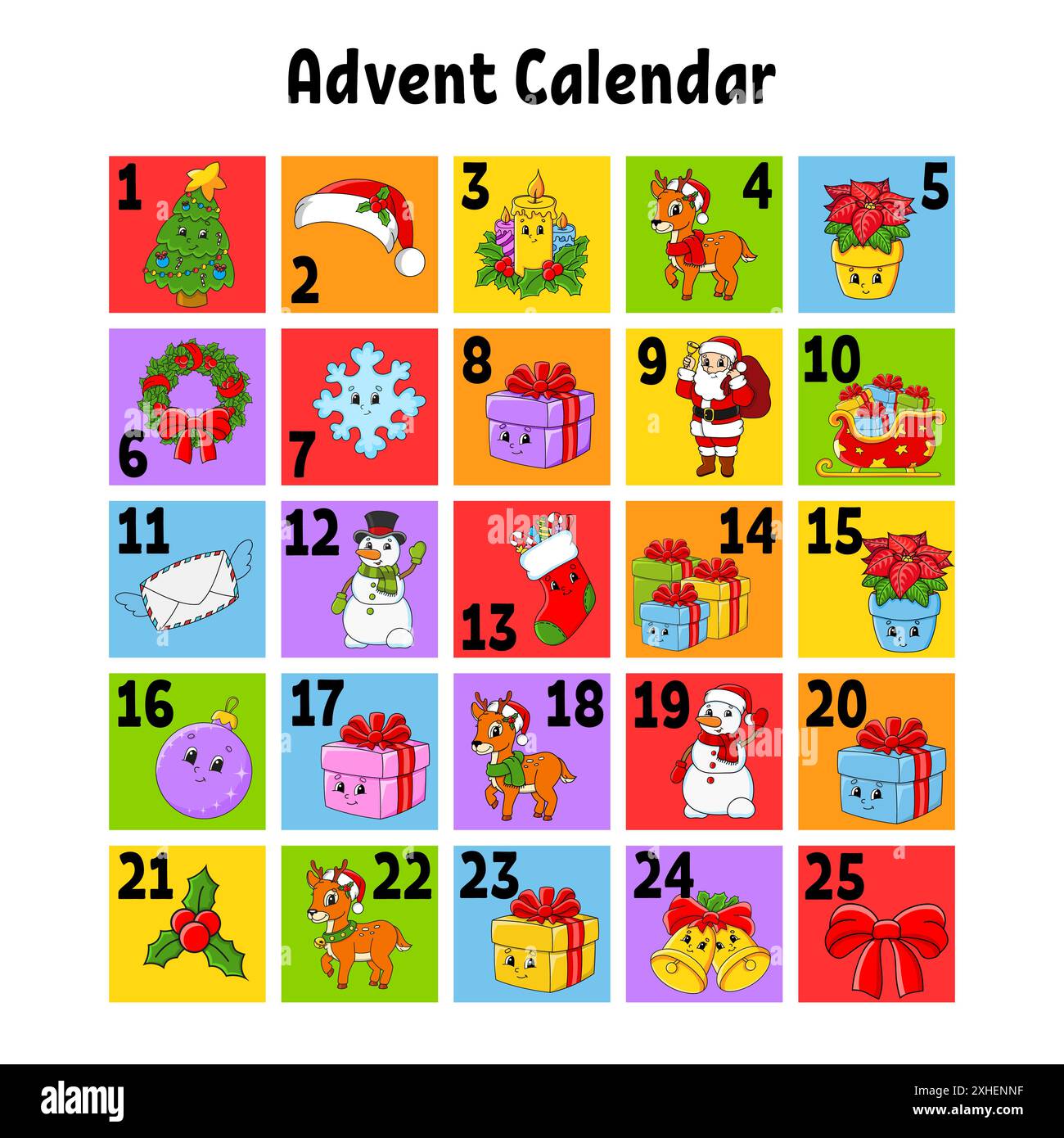 Christmas advent calendar with cute characters. Santa claus, deer ...