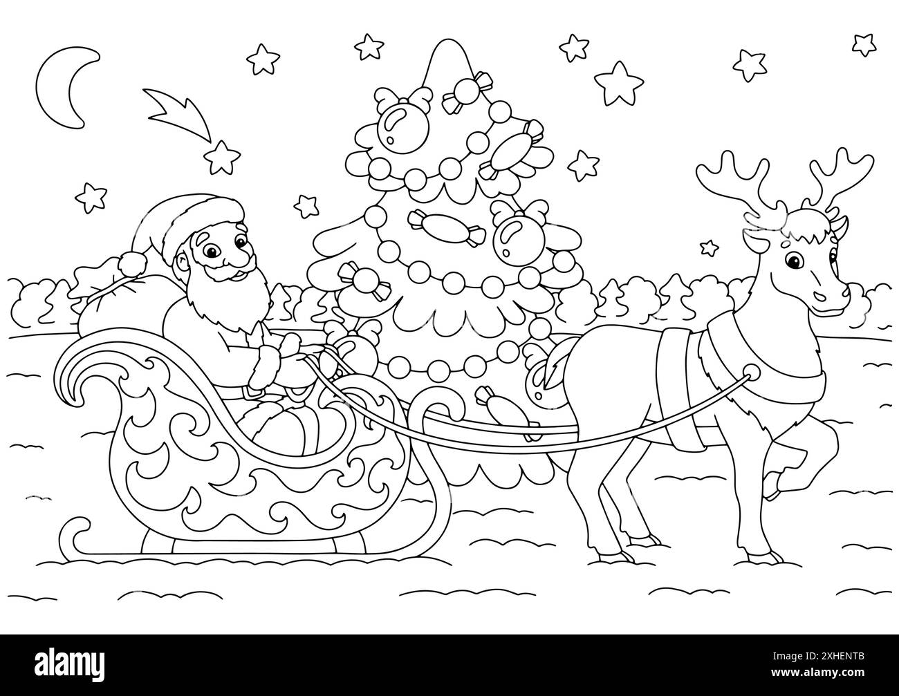 Santa Claus carries Christmas presents on a reindeer sleigh. Coloring ...