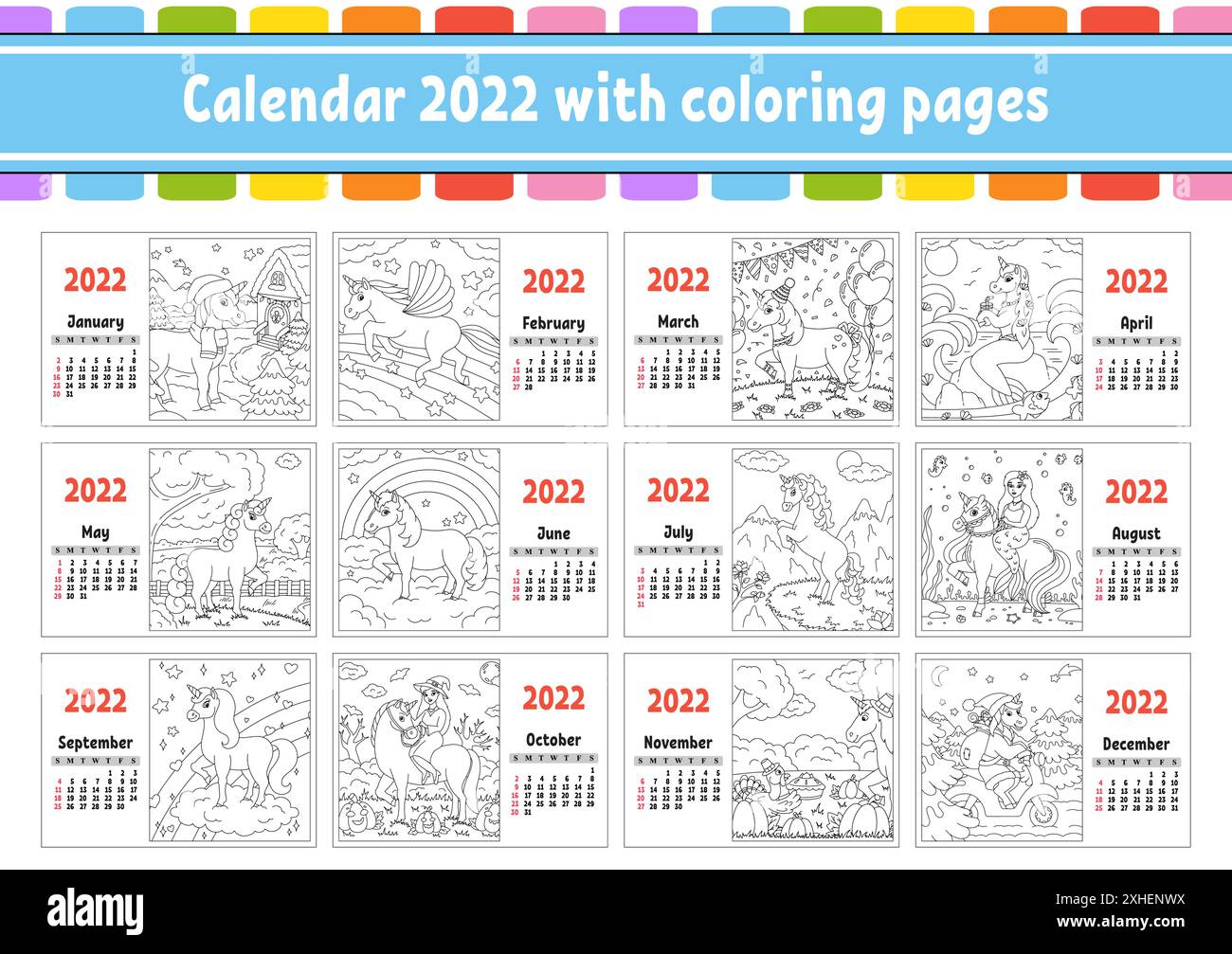 Calendar for 2022 with a cute character. Fairy unicorn. Coloring page ...