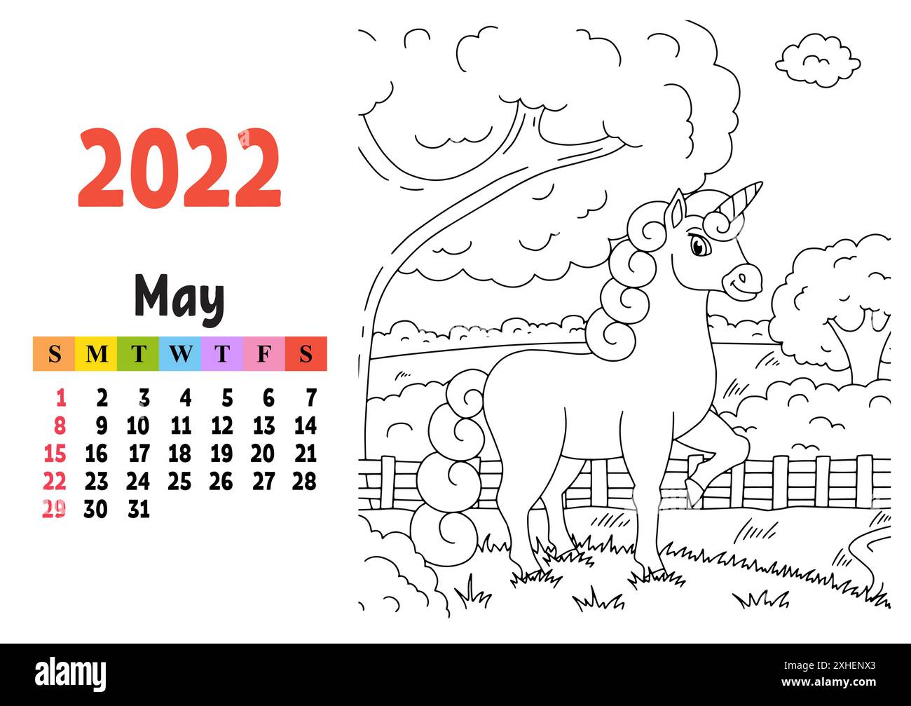 Calendar for 2022 with a cute character. Fairy unicorn. Coloring page ...