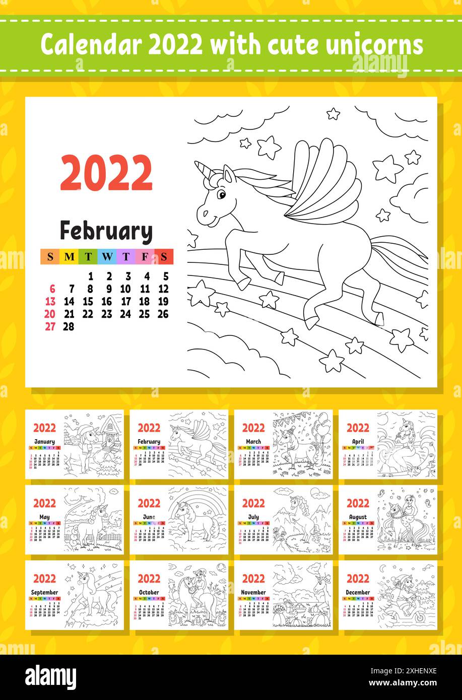 Calendar for 2022 with a cute character. Fairy unicorn. Coloring page ...