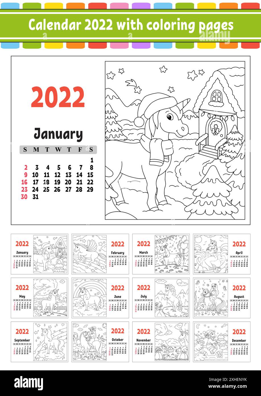 Calendar for 2022 with a cute character. Fairy unicorn. Coloring page ...