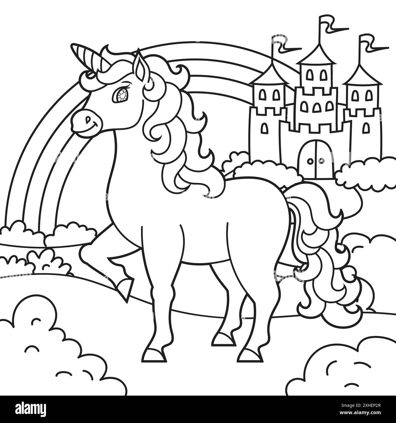 Cute unicorn. Magic fairy horse. Landscape with a beautiful castle ...