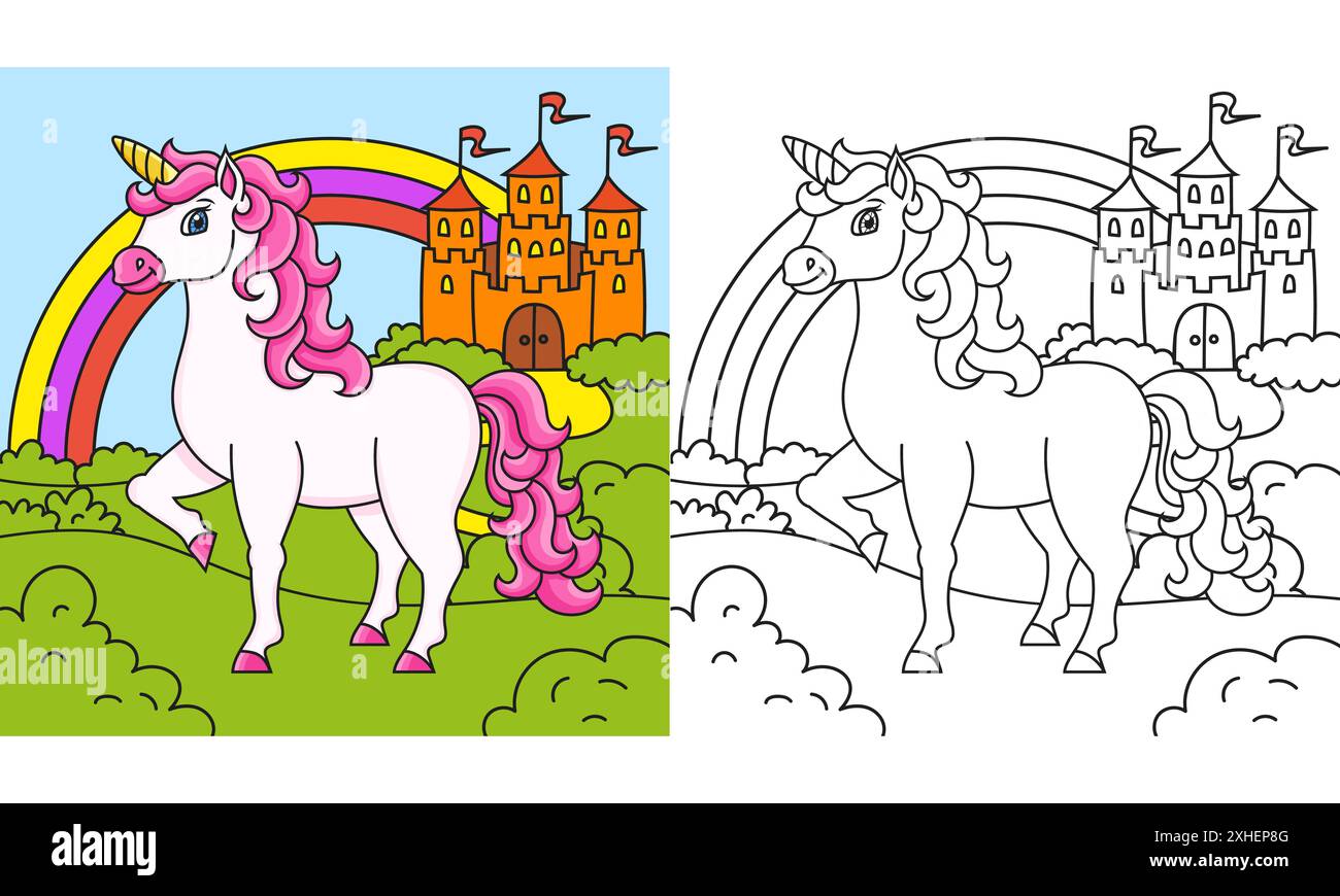 Cute unicorn. Magic fairy horse. Coloring book page for kids. Cartoon ...