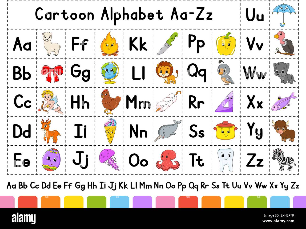 English alphabet with cartoon characters. Vector set. Bright color ...