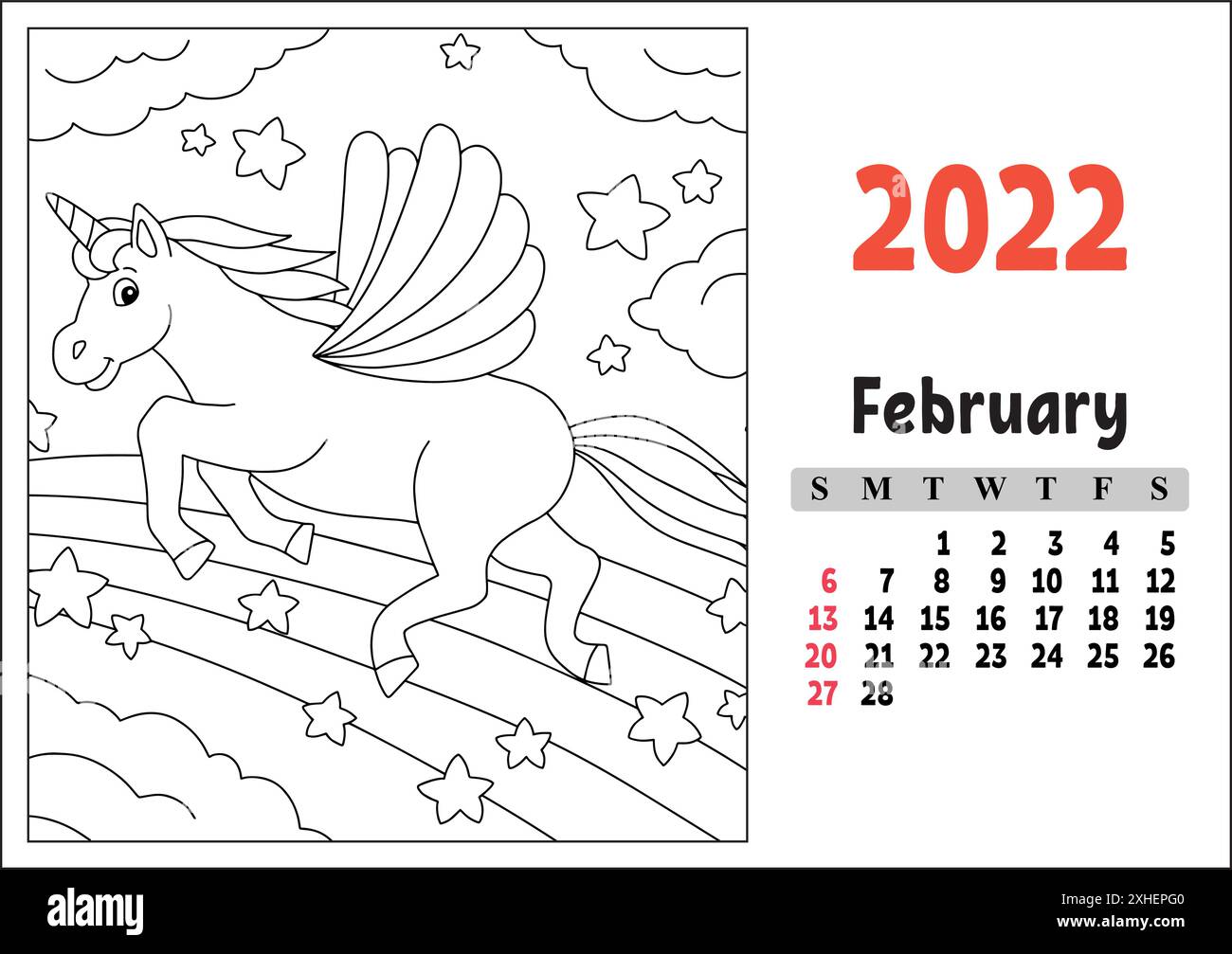 Calendar for 2022 with a cute character. Fairy unicorn. Coloring page ...