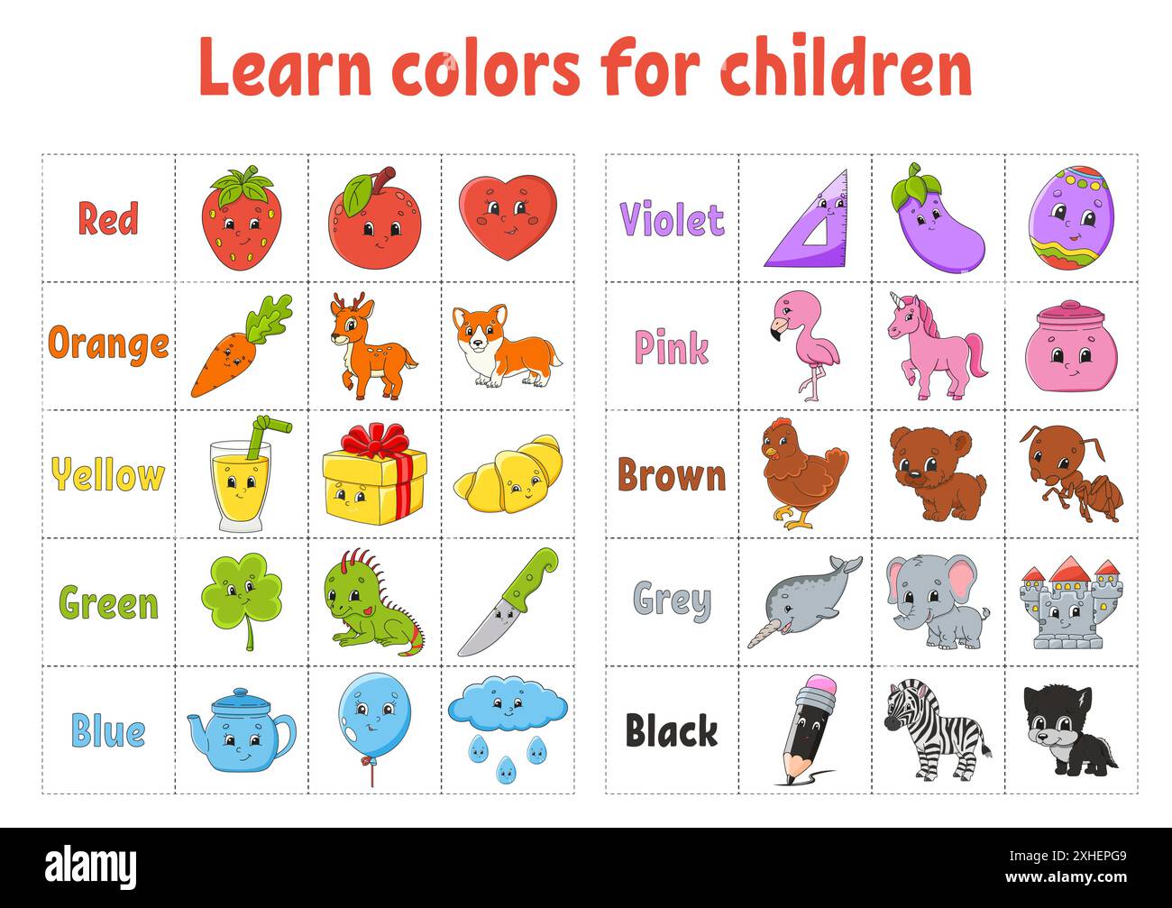 Learning colors. Flashcard for kids. Cute cartoon characters. Picture ...