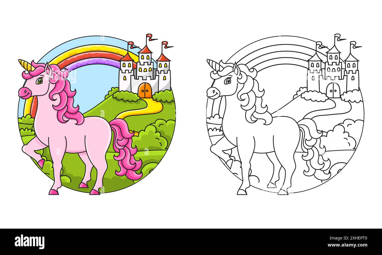 Cute unicorn. Magic fairy horse. Coloring book page for kids. Cartoon ...