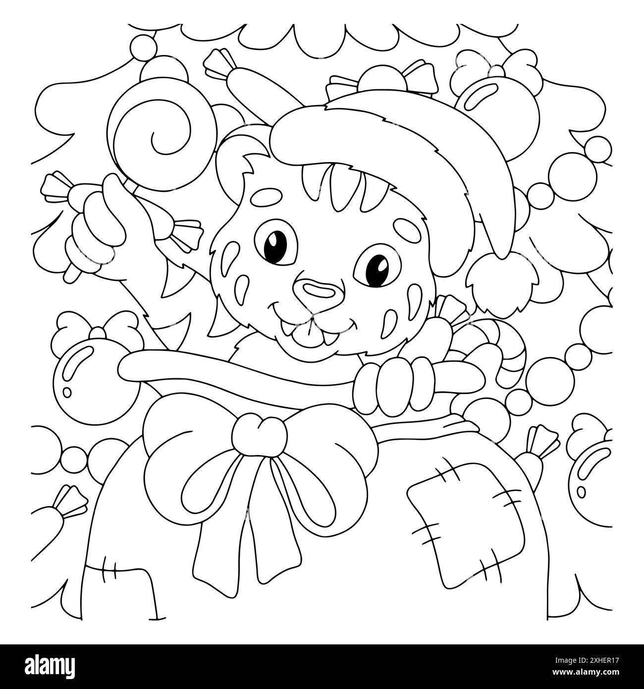 Christmas tiger. Coloring book page for kids. Cartoon style character ...