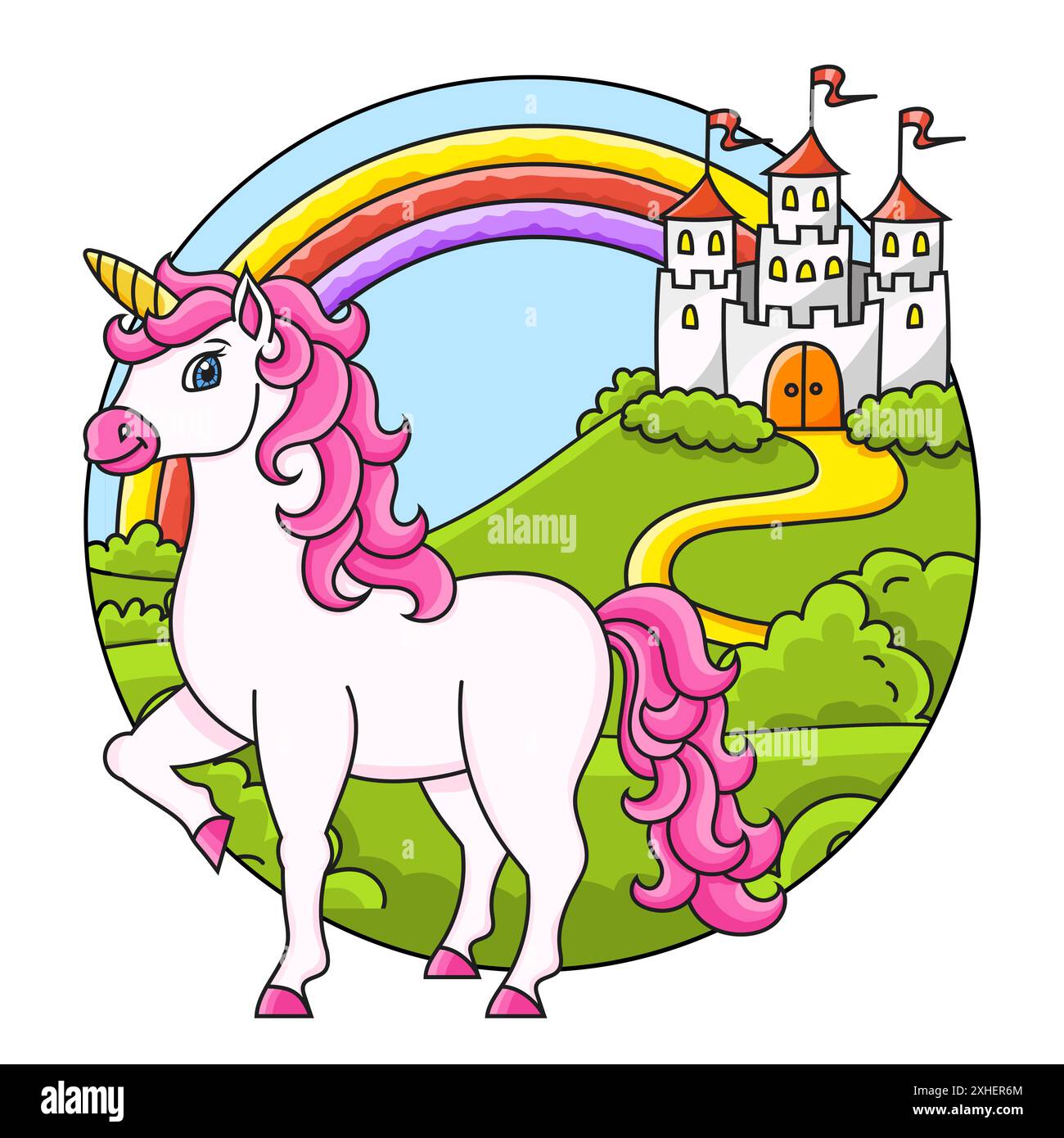 Cute unicorn. Magic fairy horse. Landscape with a beautiful castle ...