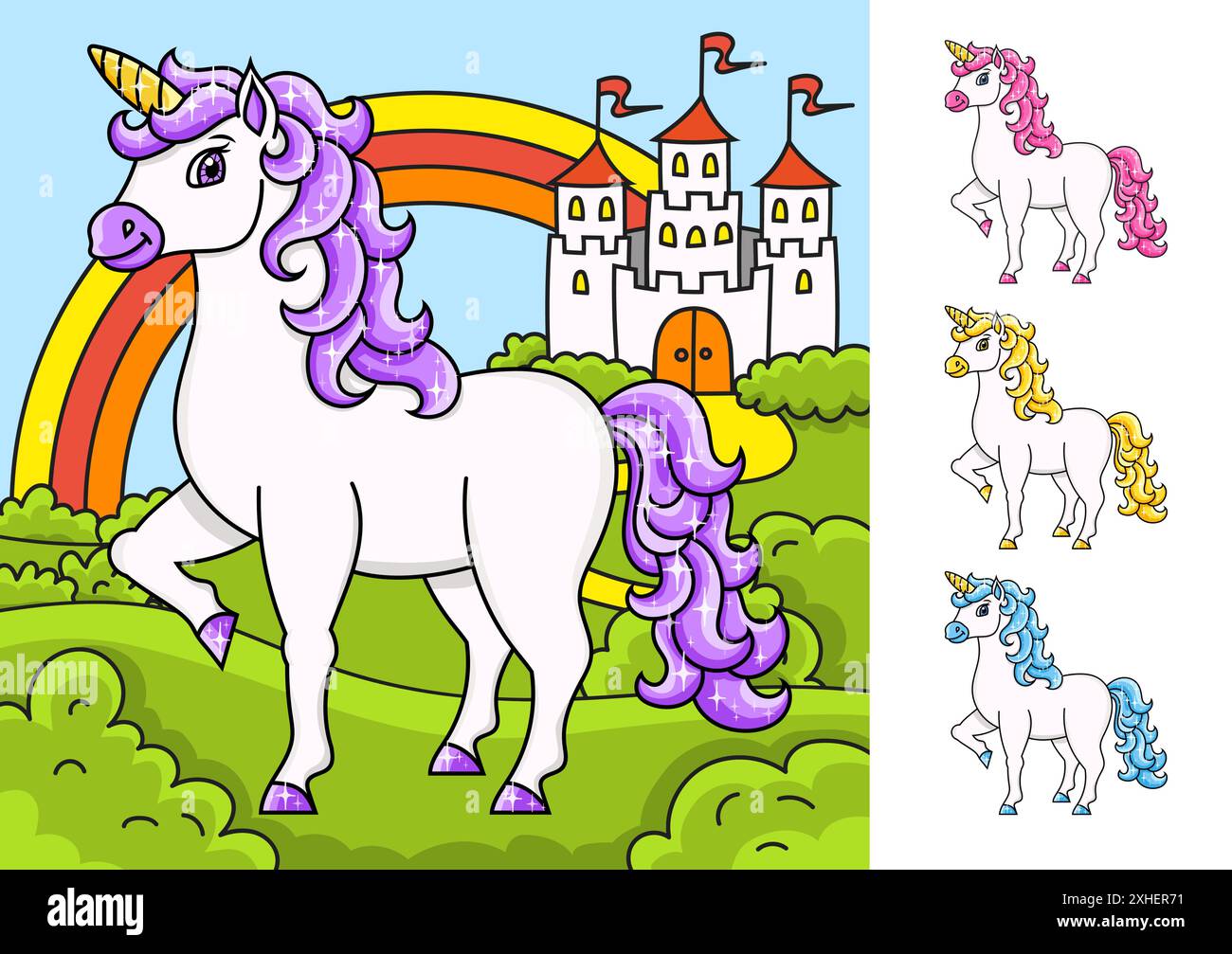 Cute unicorn. Magic fairy horse. Landscape with a beautiful castle ...