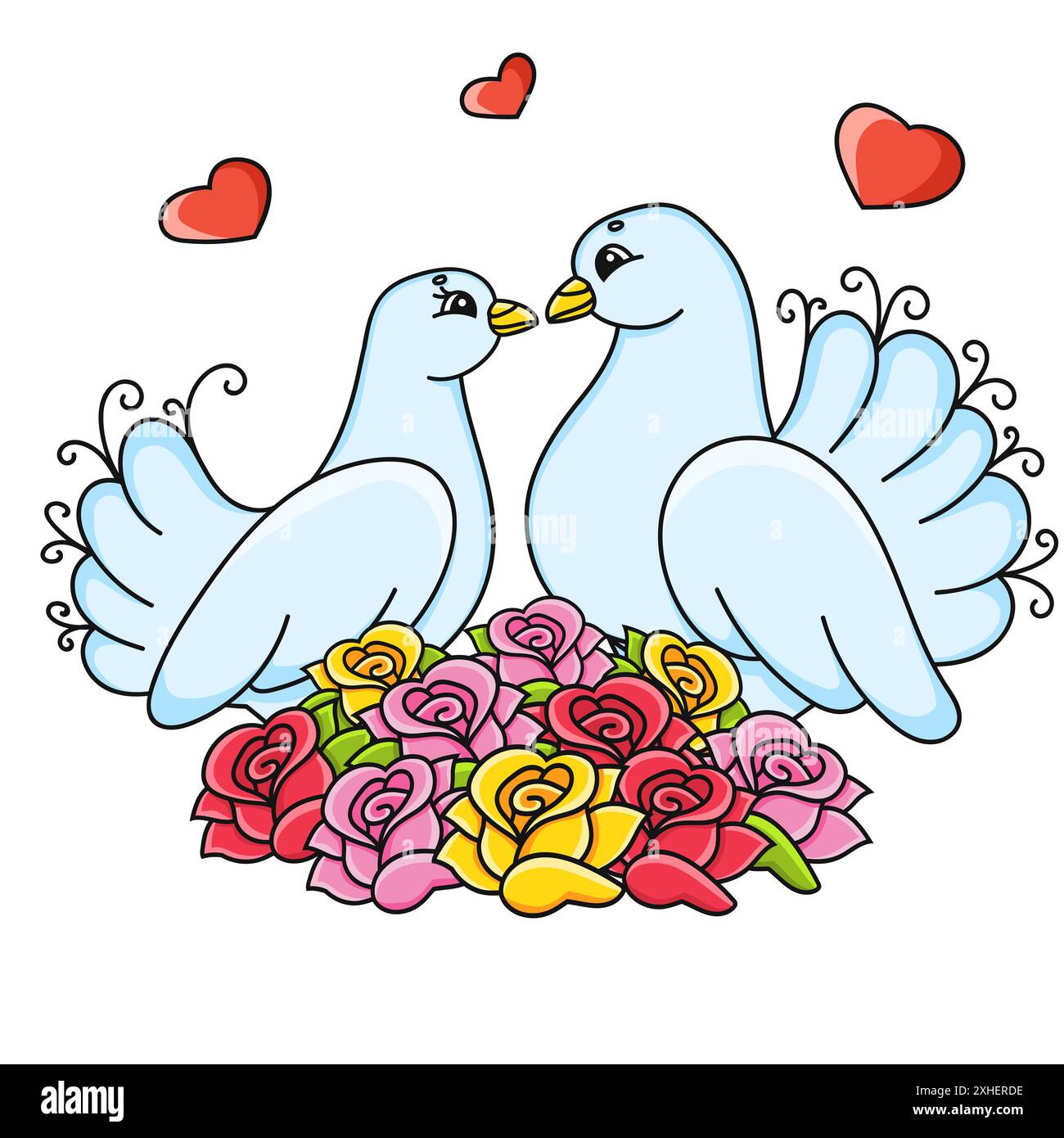 A pair of doves in roses. Cartoon character. Colorful vector ...