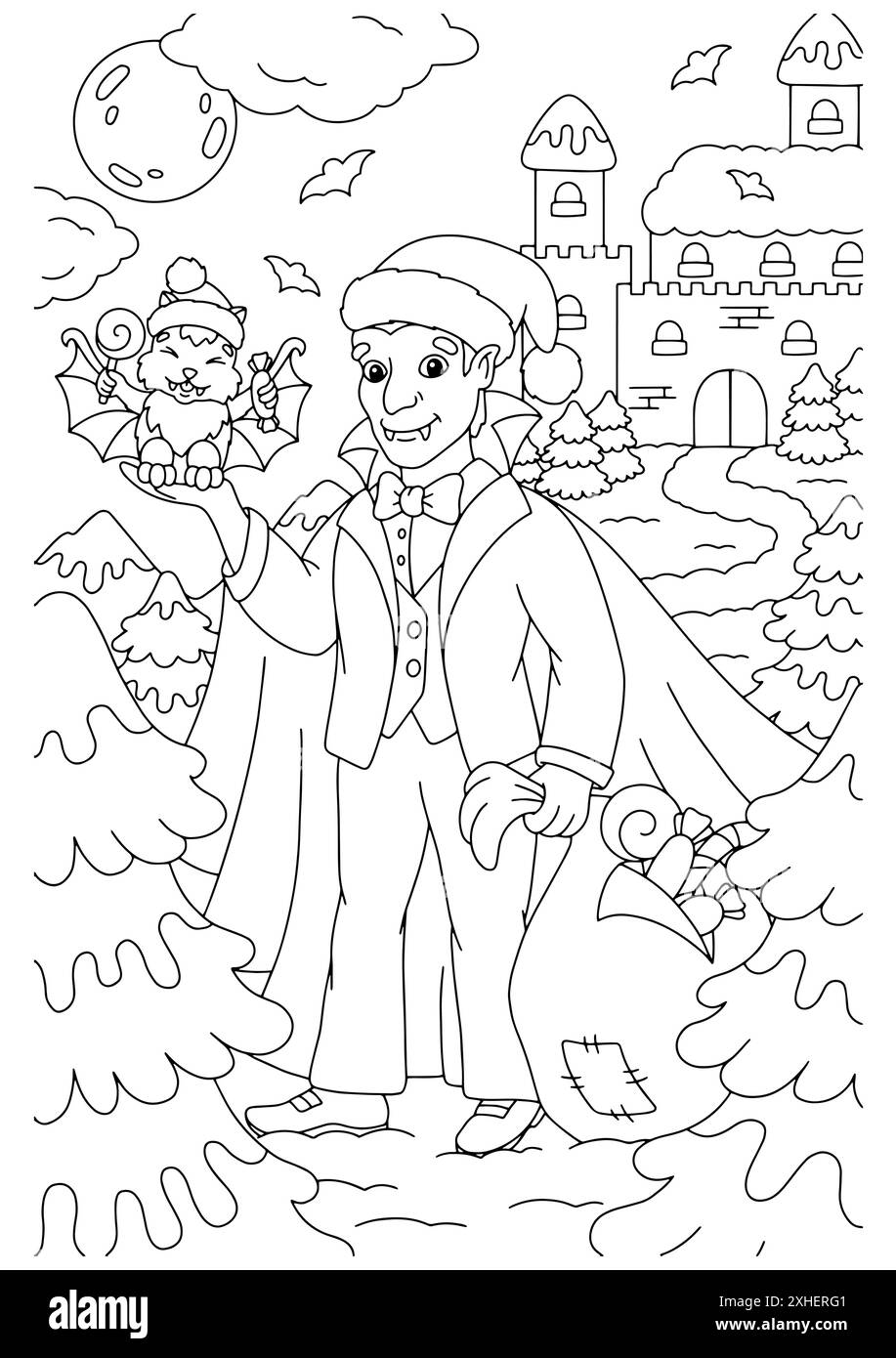 Count Dracula with Christmas gifts. Coloring book page for kids ...