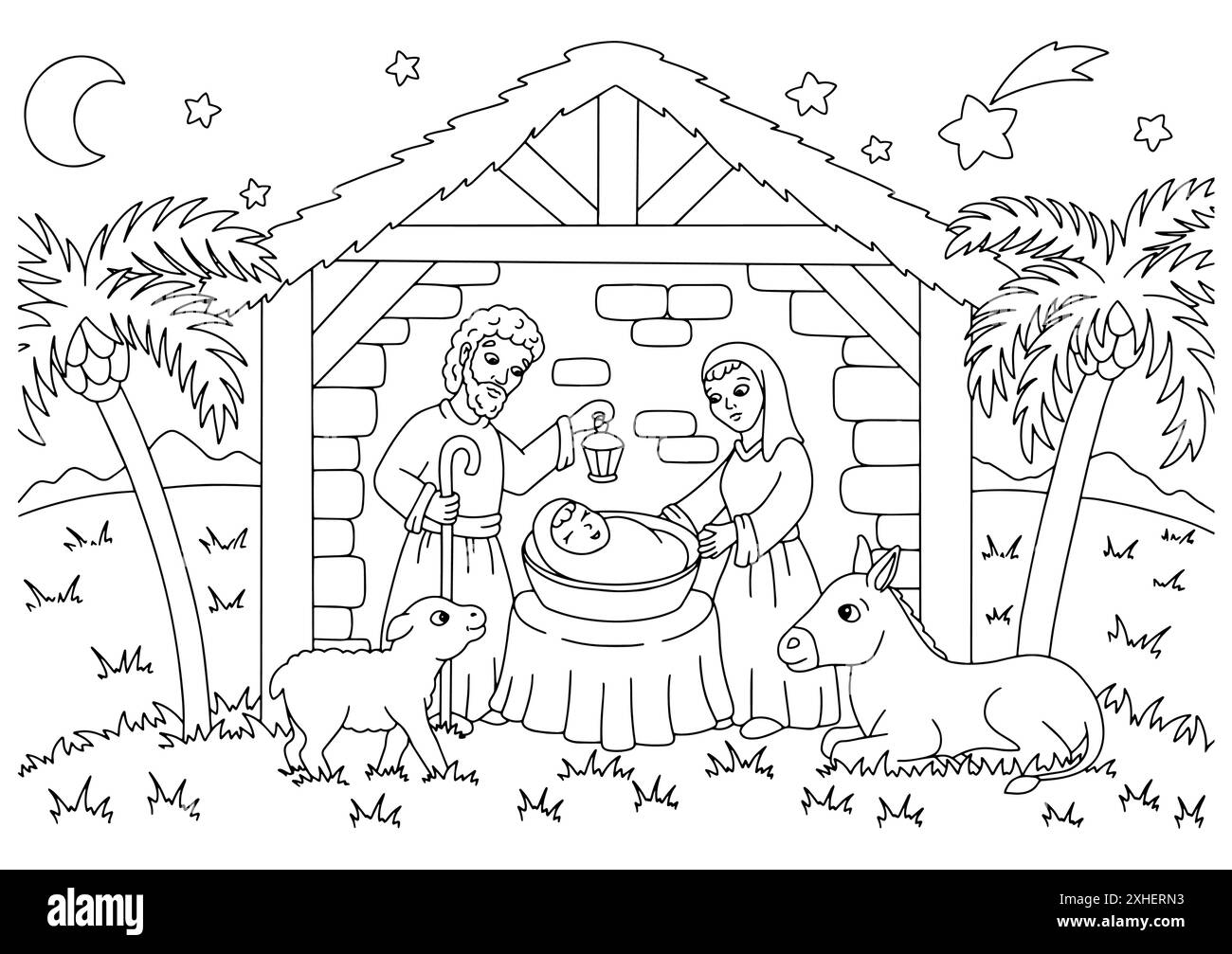 Nativity scene. Coloring book page for kids. Cartoon style character ...