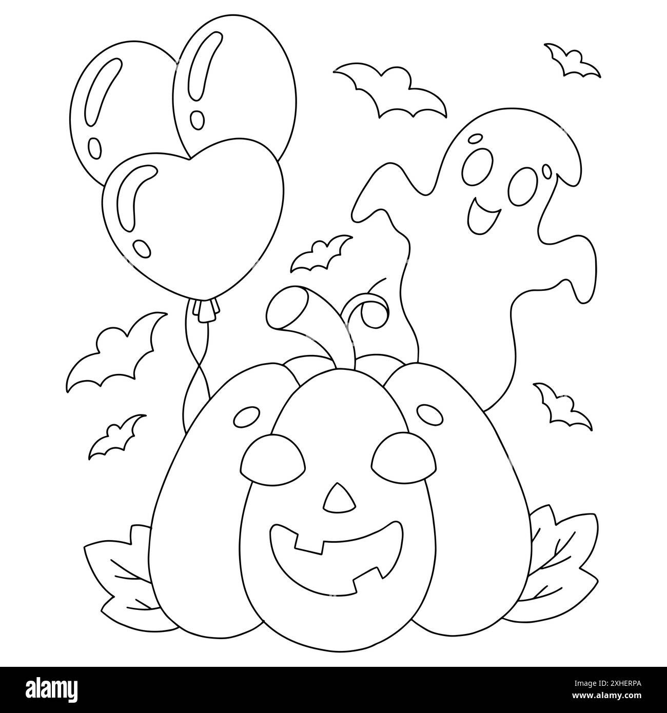 Cute ghost and pumpkin with balloons. Coloring book page for kids ...