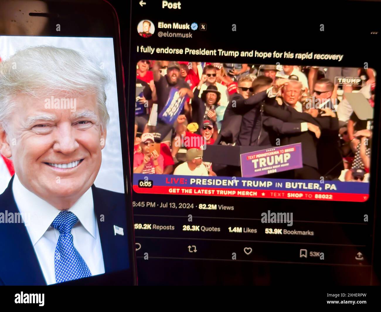 Butler, Pennsylvania, USA. 14th July, 2024. Elon Musk endorses Donald ...