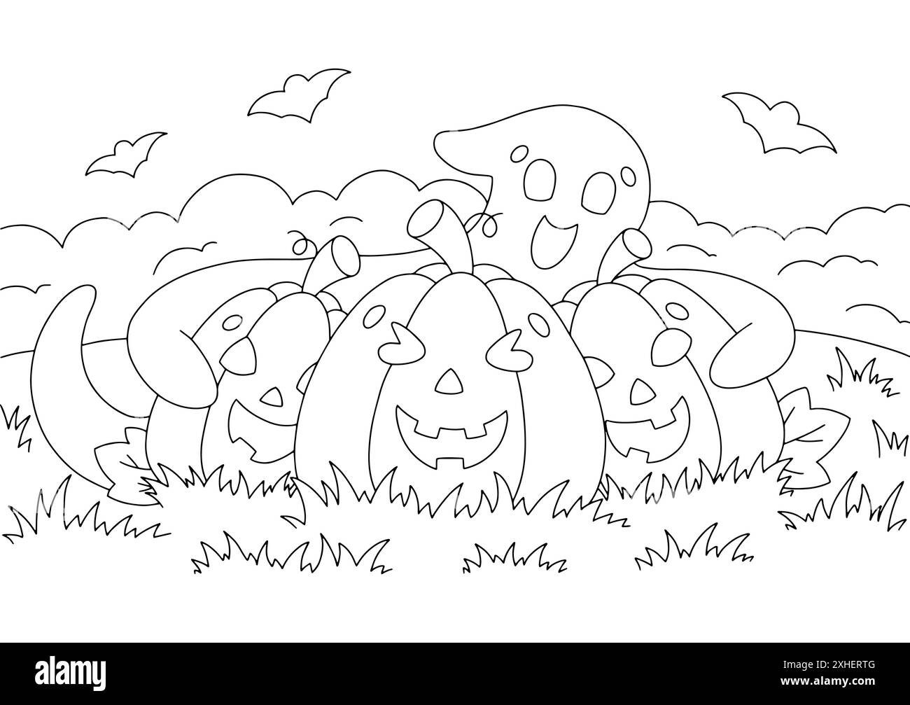 Cute ghost hugs pumpkins. Coloring book page for kids. Cartoon style ...