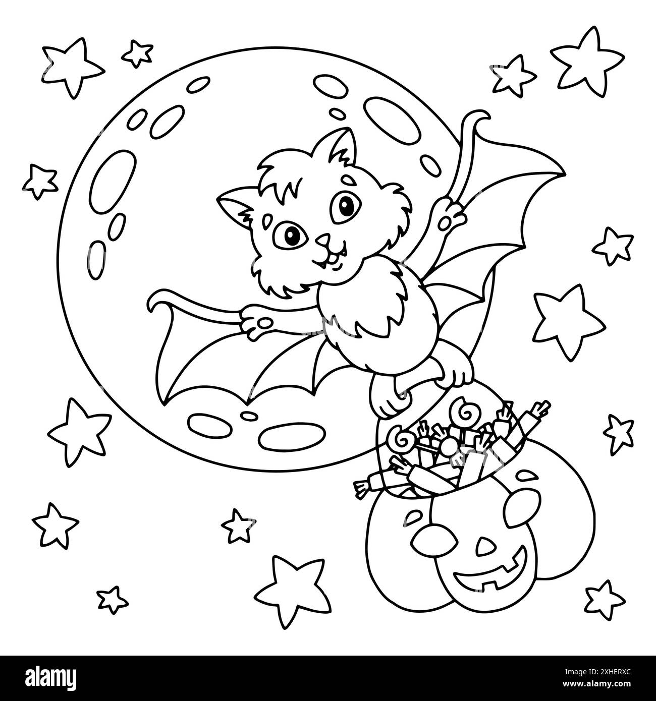 A cute bat carries a pumpkin basket with sweets. Halloween theme ...