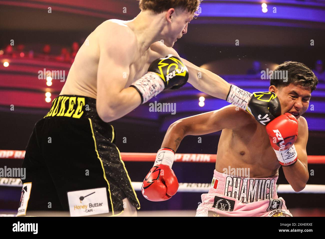 July 13, 2024: (L-R) Javier Zamarron punches Mikey Bracamontes during ...