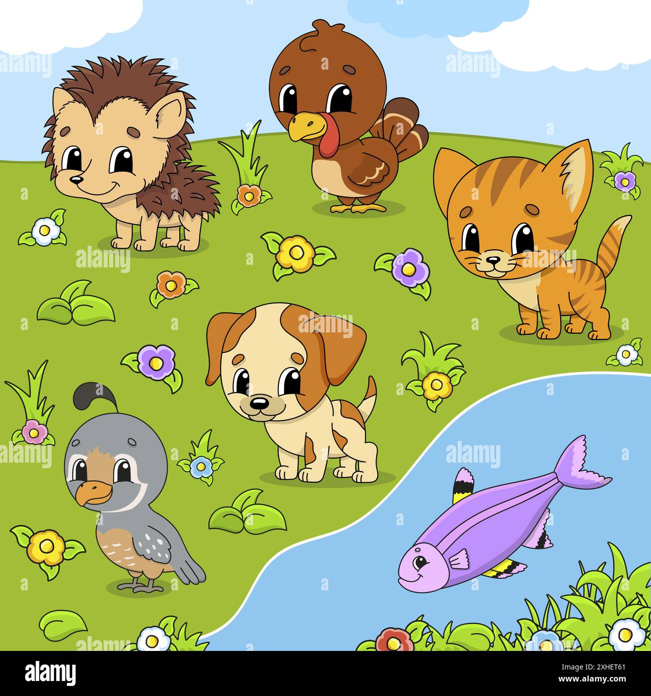 Set animals. Cute cartoon characters. Pet clipart. Hand drawn. Colorful ...
