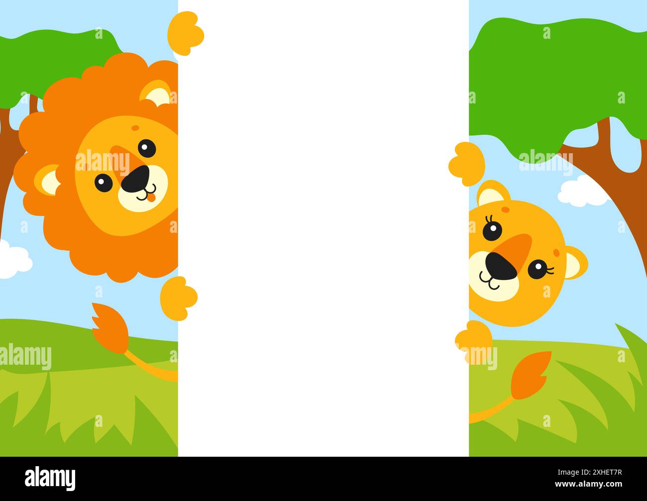 Cute cartoon character holding white blank poster. With place for text ...