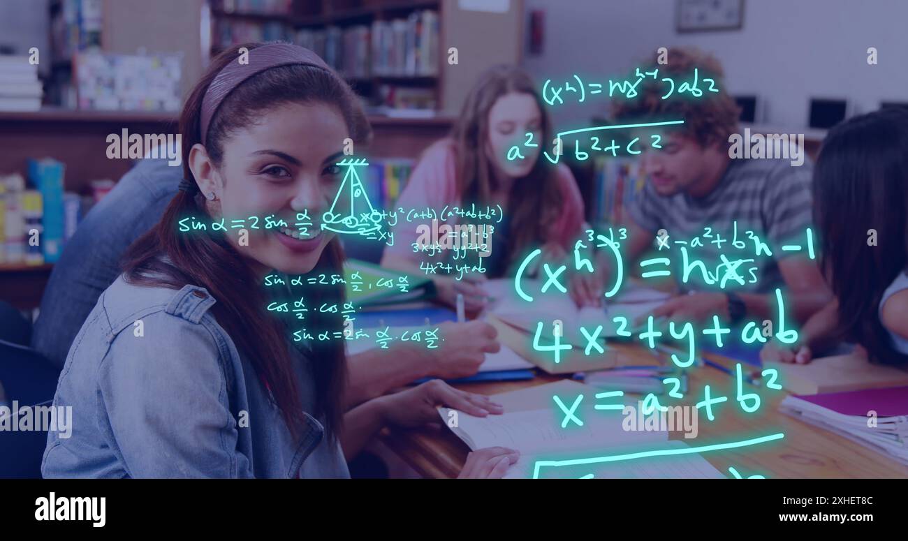 Image of equations and data processing over diverse students Stock ...