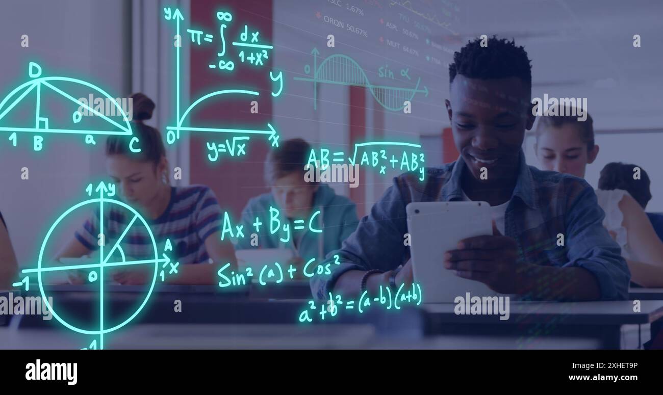 Image of equations and data processing over diverse students Stock ...